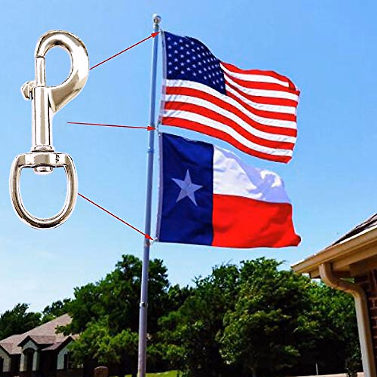 Huouo 50 FT Flagpole Halyard Rope + 2 Pcs 3.5" Flag Swivel Snap Clips - Flag Pole Hardware Accessories Kit Rope with Eye Bolt Hooks