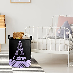 Personalized Laundry Basket Hamper,Monogram Dots Black Purple,Collapsible Storage Baskets with Handles for Kids Room,Clothes, Nursery Decor