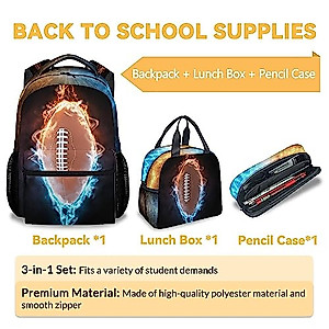 XaocNyx Football Backpack with Lunch Box and Pencil Case Set, 3 in 1 Matching Boys Black Backpacks Combo, Cool Bookbag and Pencil Case Bundle