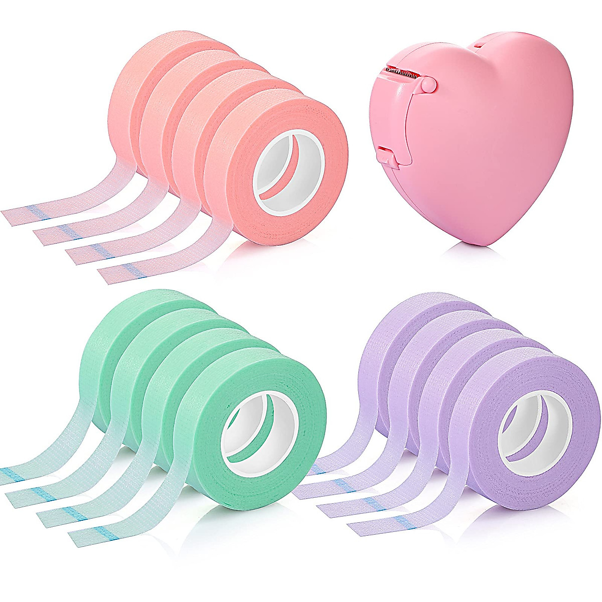Maitys Eyelash Extension Tape Breathable Adhesive Lash Tape Non-Woven Fabric Lash Tape with Heart-Shaped Tape Dispenser Cutter, 0.5 Inch Wide, 10 Yards Long of Each (Pink, Purple, Green)
