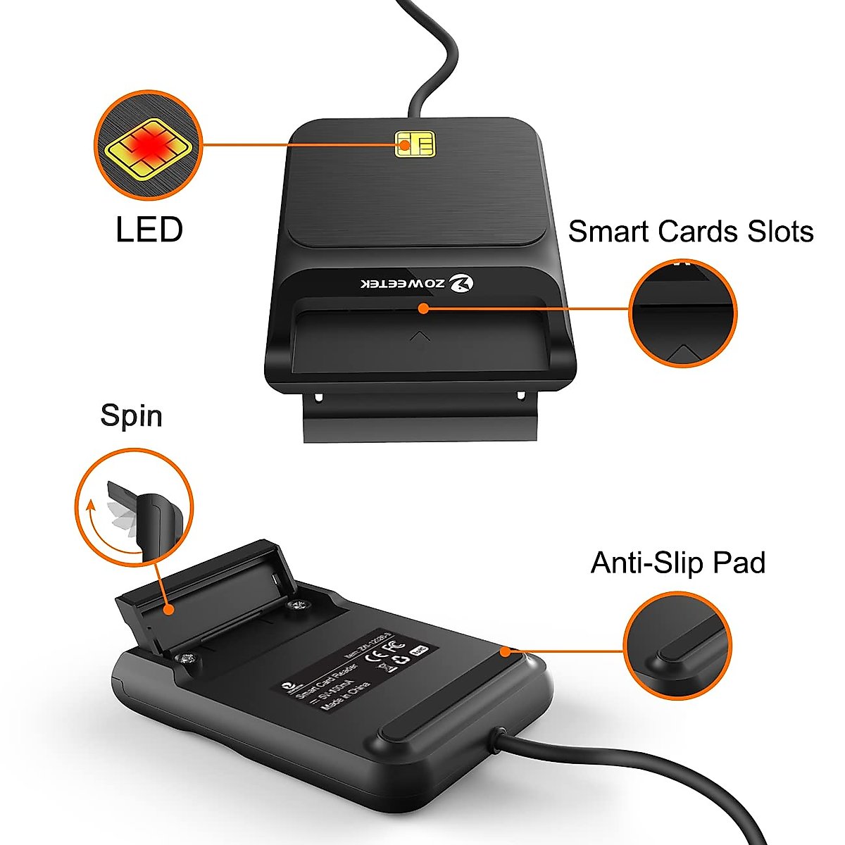 ZOWEETEK USB Smart Card Reader, CAC Card Reader Military, Compatible with Windows, Mac OS and Linux