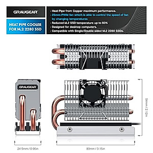 GRAUGEAR M.2 2280 SSD Heatsink, Direct-Touch Heat of Dual Copper Heat Pipes, 25 mm Cooling Fan Built-in PWM Control, Aluminum Plate-Fin Design, Thermal Pads incl. Cooler for M.2 NVMe/SATA[G-M2HP04-F]