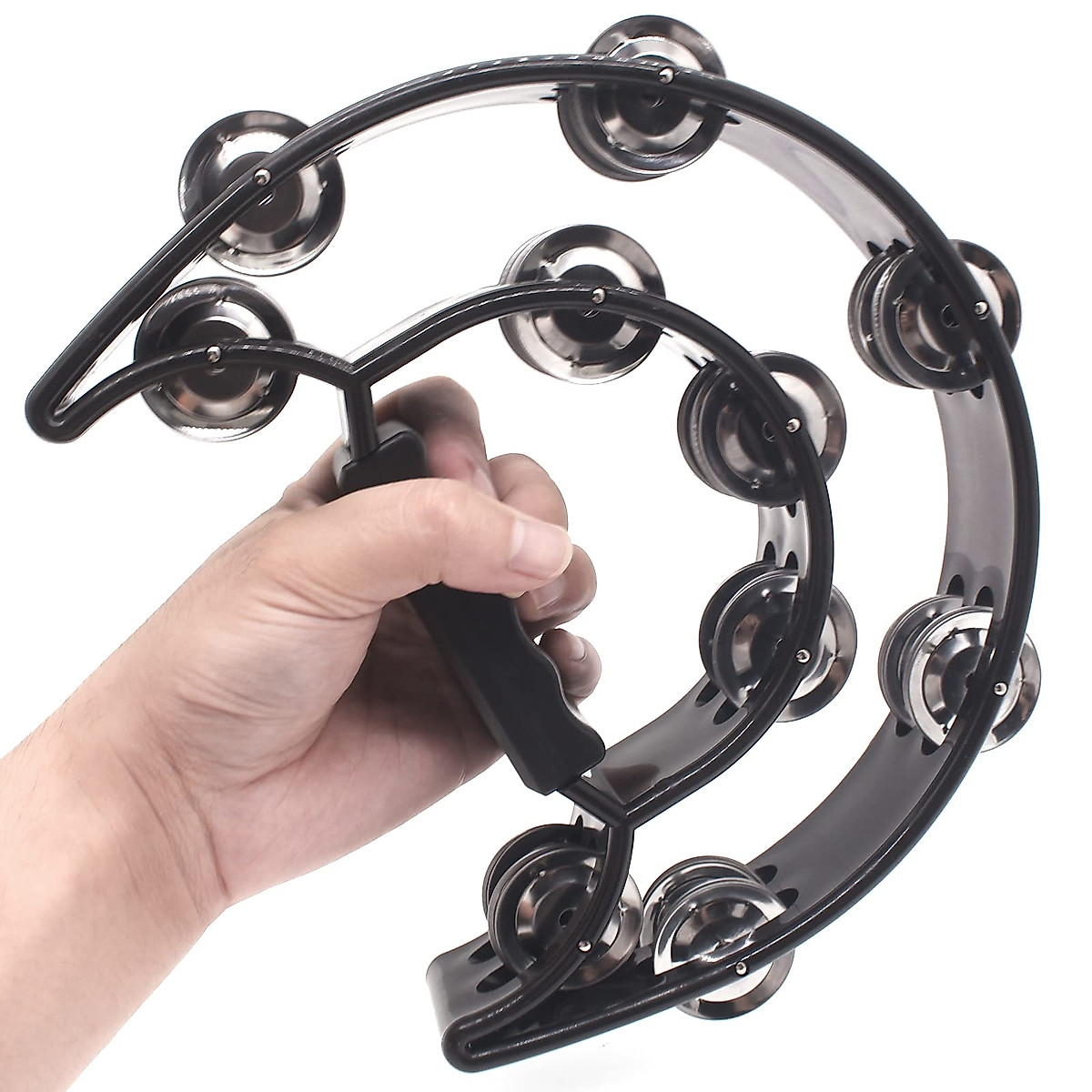 Double Row Tambourine Foot Tambourine set, 9" Half Moon Tambourine Metal Jingles Hand Held Percussion with Band Wrist Bells for Kids, Adults,KTV,Party