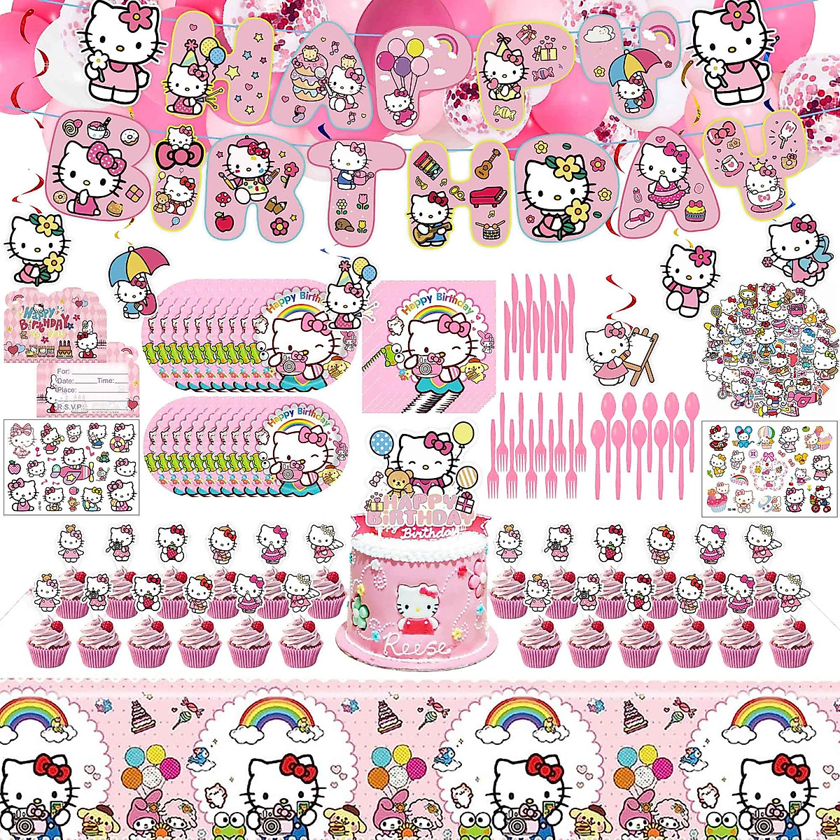Kawaii Birthday Party Supplies, Kawaii Birthday Party Decorations Set Include Banner, Tattoos Invitation Cards, Hanging Swirls, Stickers, Tableware, Cake Toppers, Balloons, Kawaii Cute Party Favors