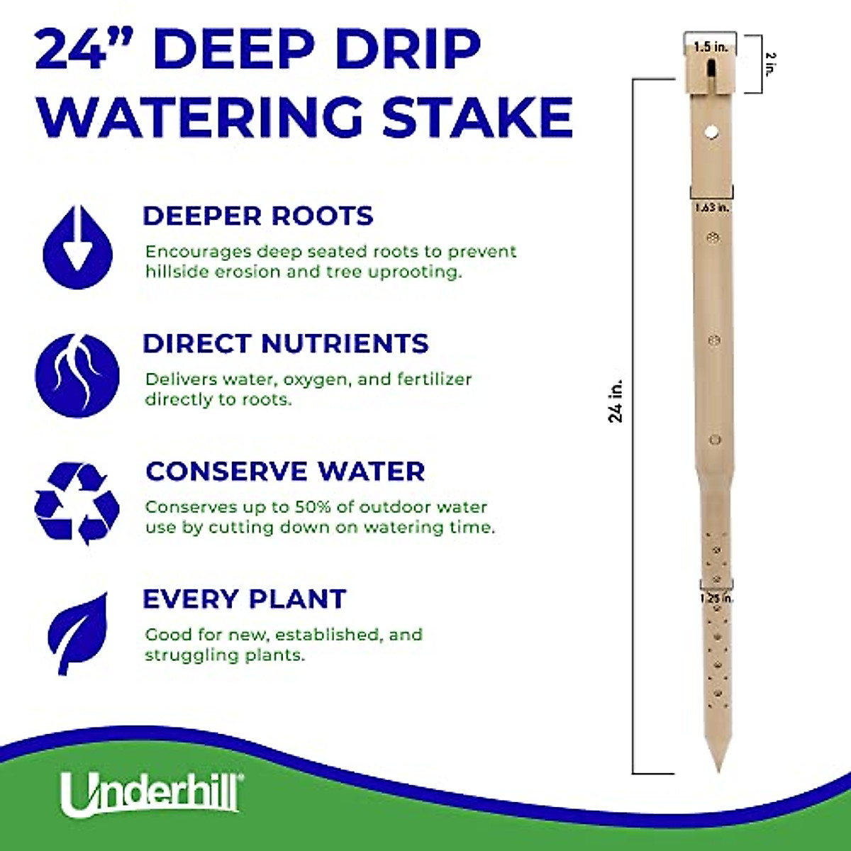 Underhill Deep Drip Irrigation Stakes 24-1/2-Inch, Case of 4 Watering Spikes for Trees with Medium Depth Roots, Drip System Parts Tubes, A-DD24