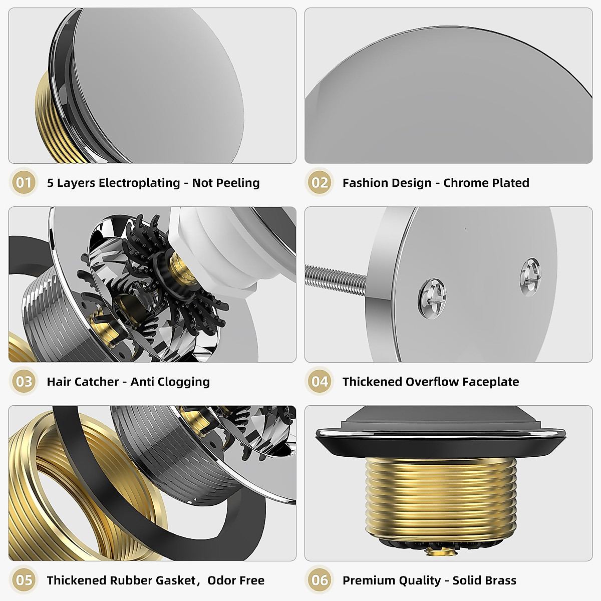Sogmeter Chrome Plated Tub Drain Kit with Hair Catcher, Premium Brass Mushroom Tip-Toe Bathroom Tub Drain Replacement and 2-Hole Overflow Faceplate, 11.5/16 UNC Bathtub Drain Stopper Assembly