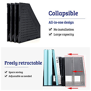 SAYEEC Collapsible Magazine Holder Plastic Desktop 4 Compartment File Rack Magazine Organizer Vertical File Divider Sorter Storage Document Organizer for Office Home School Black