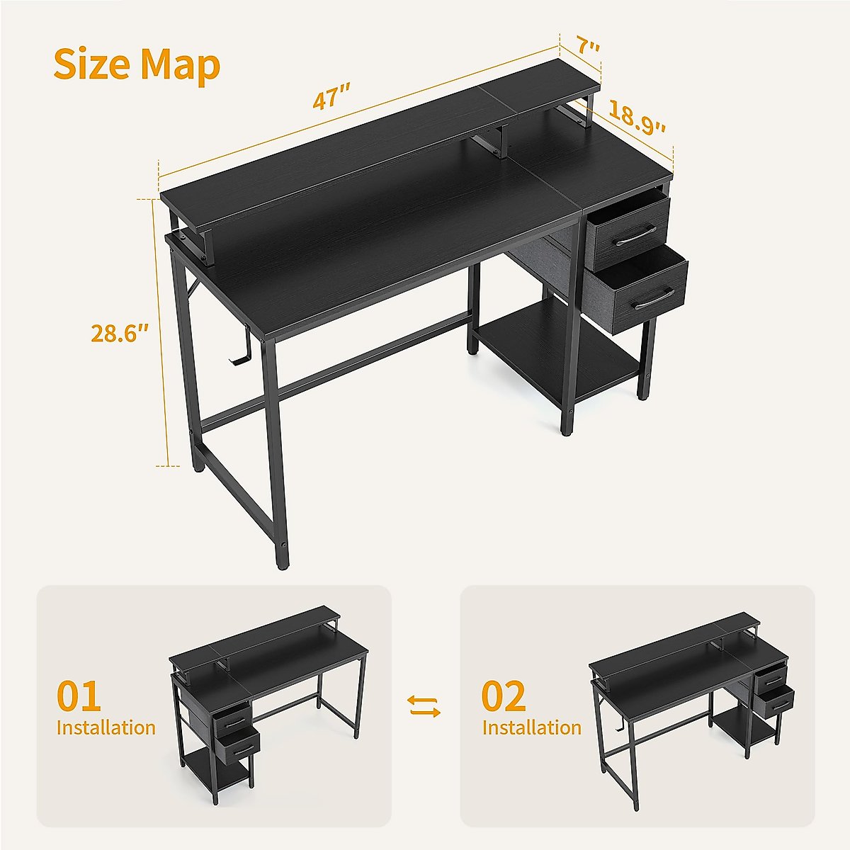 CubiCubi Computer Desk with Drawers, 47 Inch Reversible Office Desk with Monitor Stand and Storage Shelves, Work Writing Study Desk Table for Home, Black