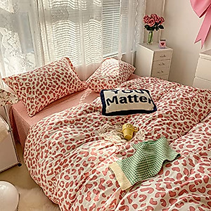 AOJIM Animal Leopard Duvet Cover Cheetah Print Bedding Set 100% Cotton Soft Quilt Cover White and Pink Comforter Cover 1 Queen Size Duvet Cover 2 Pillowcases (no Comforter)