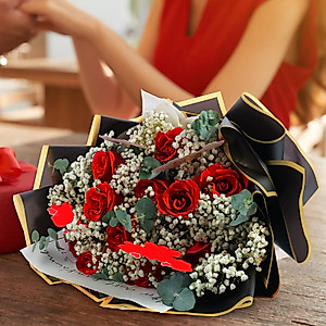 Duyasurs 20 Sheets Flower Wrapping Paper, Waterproof Bouquet Wrapping Paper, 22.8x22.8IN Floral Wrapping Paper, DIY Gift Wrapping or Gift Box, Wrapping for Wedding Birthday Gifts, Gold Edge (Black)