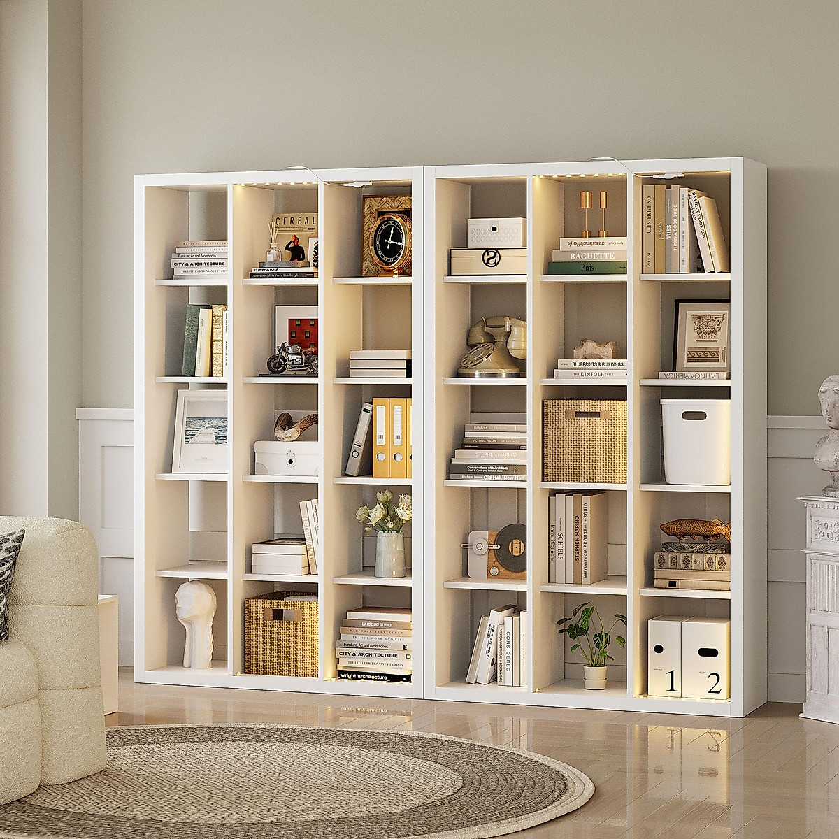 IRONCK 15 Cube Bookcase Storage Shelf Organizer with LED Lights, 5 Tier Bookshelves and Bookcases Display Shelves, Horizontally or Vertically Use, White