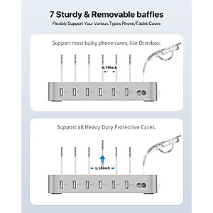 SooPii Premium 6-Port USB Charging Station Organizer for Multiple Devices, 6 Short Charging Cables and One Upgraded i-Watch Charger Holder Included, for Phones,Tablets and Other Electronics, Silver