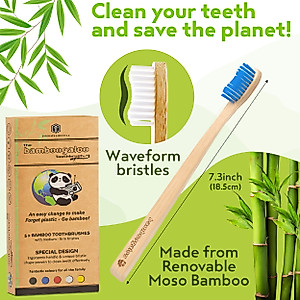 Bamboo Toothbrushes Pack of 5 - Cotton Buds & Dental Floss Included - Organic & 100% Biodegradable - Medium Firm Bristles, Plastic-Free Packaging