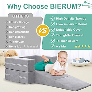 BIERUM Toddler Couch with Blanket, 3-in-1 Kids Couches and Sofas Fold Out, Convertible Sofa to Playful Slide for Girls and Boys, Extra Softer Kids Sofa Chair for Bedroom Playroom
