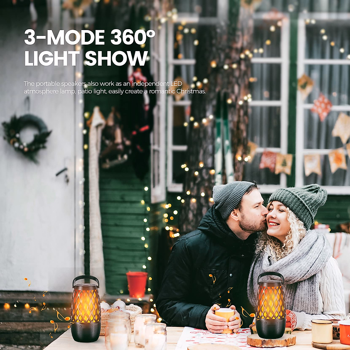 Outdoor Speakers Waterprrof, Birthday Gift Ideas for Him Her, Portable Bluetooth Speaker with Lights, Multi-Sync Wireless Speaker for Patio/Yard/Pool/Porch, Wall Mount&Stake&Hook Inc. (Black)