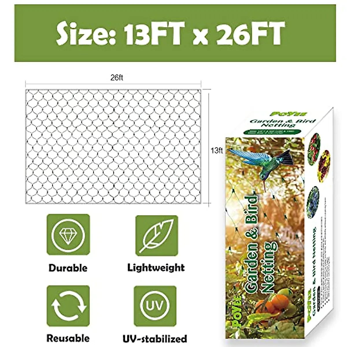 POYEE Garden Netting for Bird Green Net Provide Better Protection for Vegetables and Fruit Trees (13FT X 26FT)