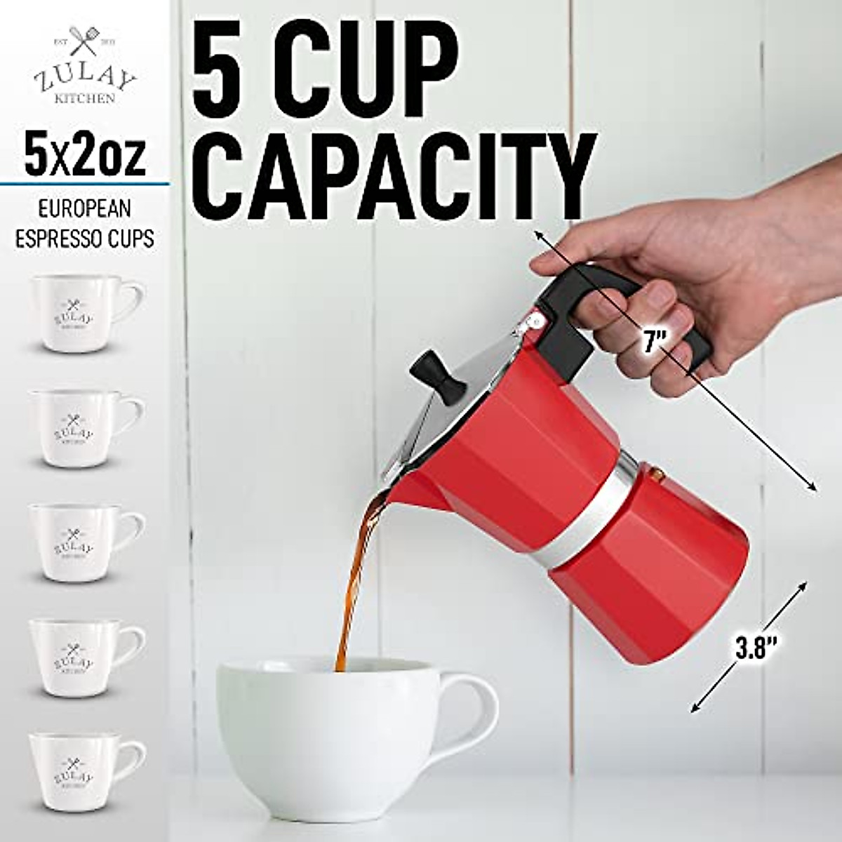 Zulay Classic Italian Style 6 Espresso Cup Moka Pot, Stovetop Espresso Maker for Great Flavored, Makes Delicious Coffee, Easy to Operate & Quick Cleanup Pot (Red)