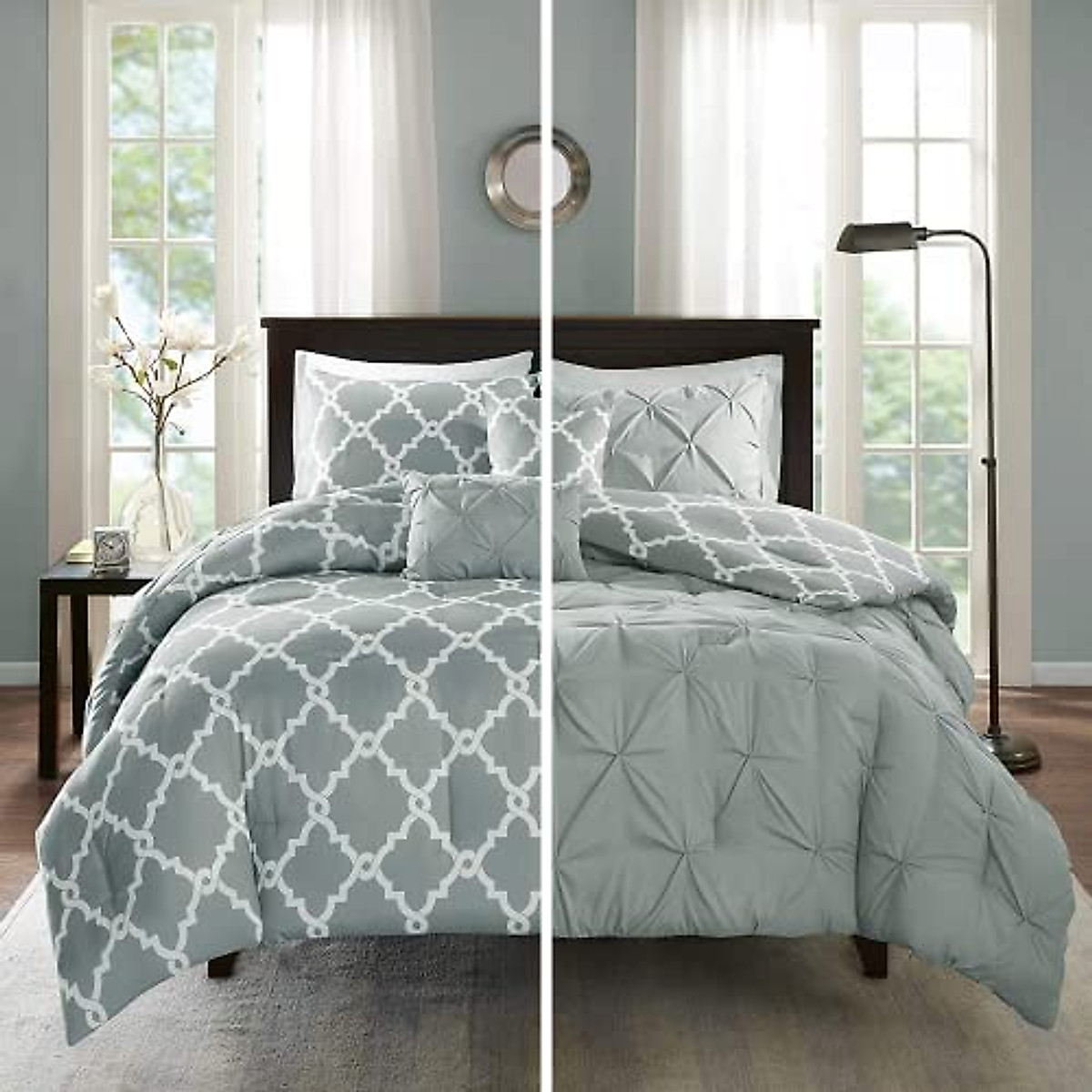 Madison Park Essentials Kasey Cozy Comforter Set - Fretwork Design, All Season Bedding with Matching Shams, Decorative Pillow, Queen (90in x 90 in), Diamond Grey Comforter 5 Piece