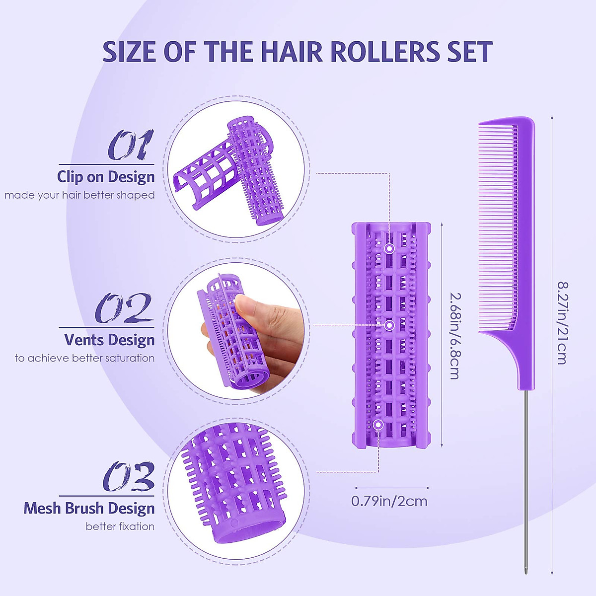 24 Pieces Hair Roller, Small Size Plastic Hair Rollers Hair Curlers with Steel Pintail Comb for Short Hair Long Hair Hairdressing Styling Tools (0.79 x 2.67 Inch, Purple)