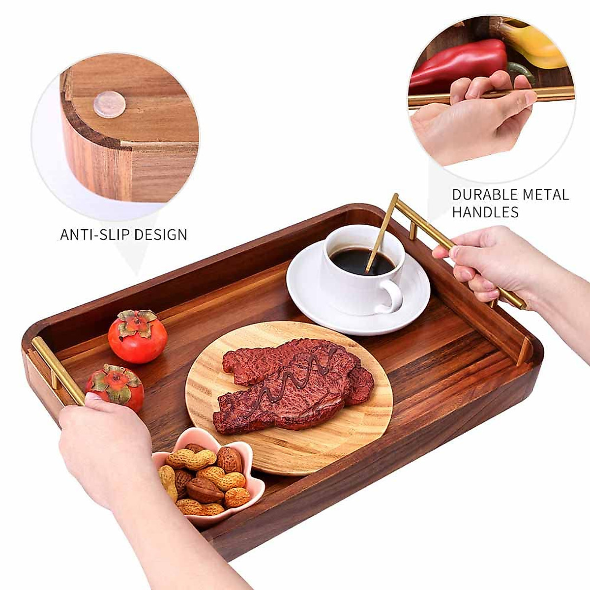 Wood Serving Tray with Handles,Decorative Tray Set of 3 with Nesting Stacking Design,Rustic Ottoman Tray for Kitchen Counter/Coffee Table/Living Room Decor,Versatile Tray for Party Picnic Barbecue