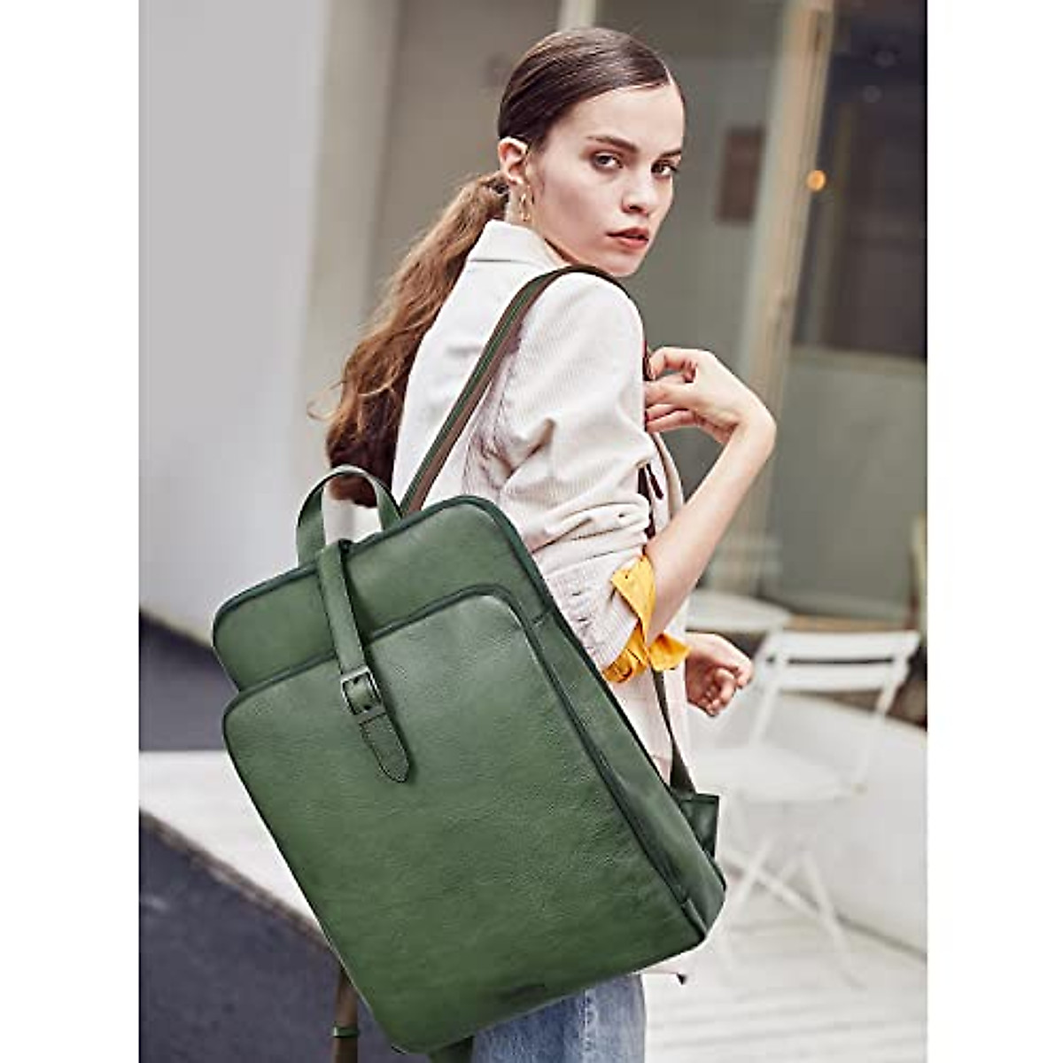 CLUCI Vegetable Tanned Full Grain Women Leather 15.6 Inch Laptop Backpack Carry on Backpack Flight Approved for Travel