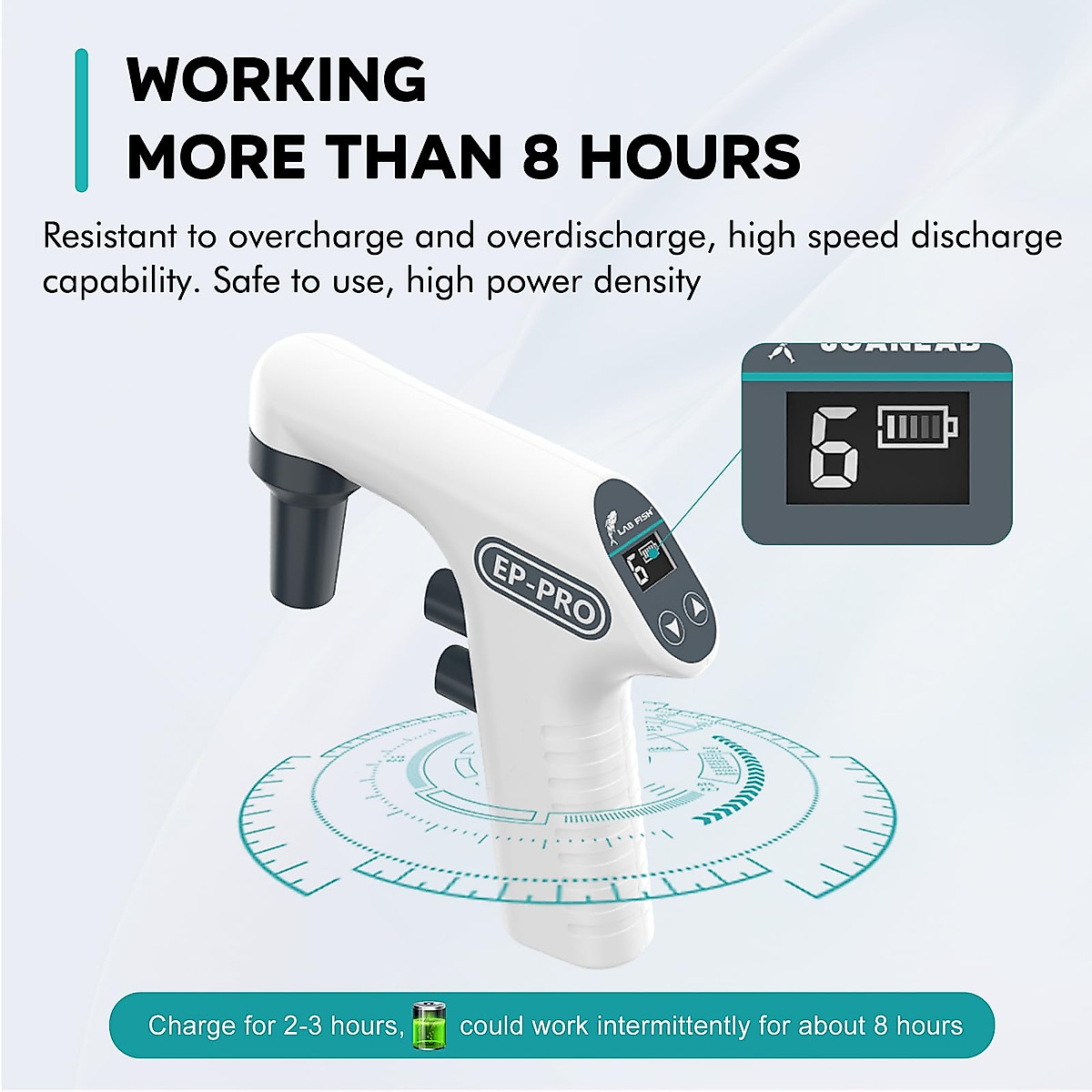 LAB FISH Laboratory Electronic Pipettors Pump Pipette Controller for Lab | 0.1~200ml Range 6 Adjustable Speeds | LCD Display 8h Rechargeable Lithium Battery with Standing Stand