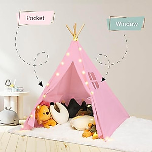 Adorable Pink Kids Teepee Tent with Star Lights, Easy to Assemble 100% Cotton Tipi Play tp Tent for Girls, Spacious Indoor Playhouse for Toddlers, Perfect for Bedroom or Playroom, Durable, Soft Fabric
