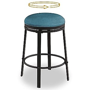 OUllUO Industrial Blue Bar Stool, 24" Counter Height, PU Leather, Backless Round Saddle, 16" Seat, 17.3 lbs, 1 Pc