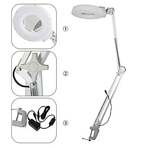10X Desk Table Clamp Mount Magnifier, Carejoy LED Lamp Light Magnifying Glass Lens Diopter for Workbench, Drafting, Work Light (White Glass)