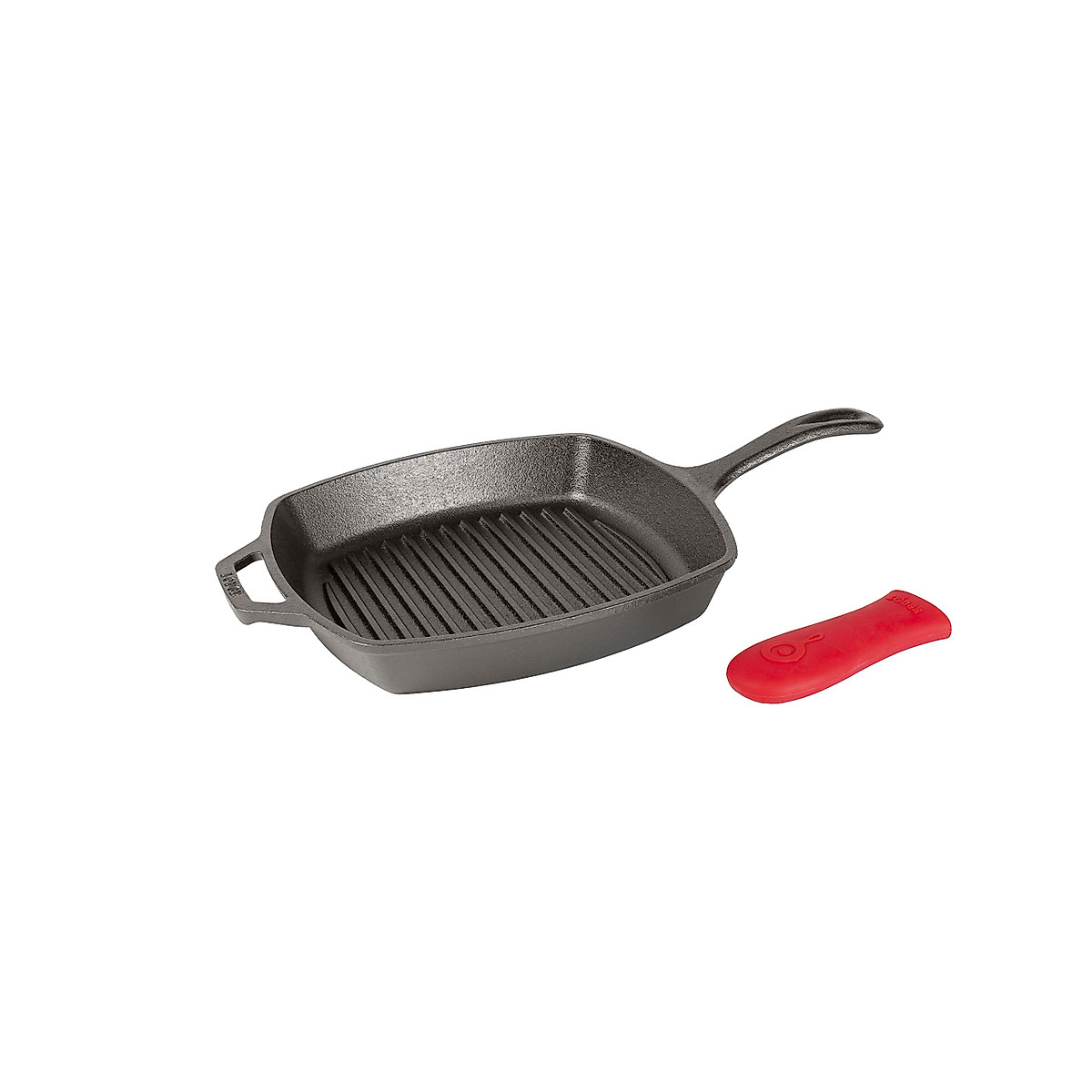 Lodge L8SGP3ASHH41B Cast Iron Square Grill Pan with Red Silicone Hot Handle Holder, Pre-Seasoned, 10.5-inch
