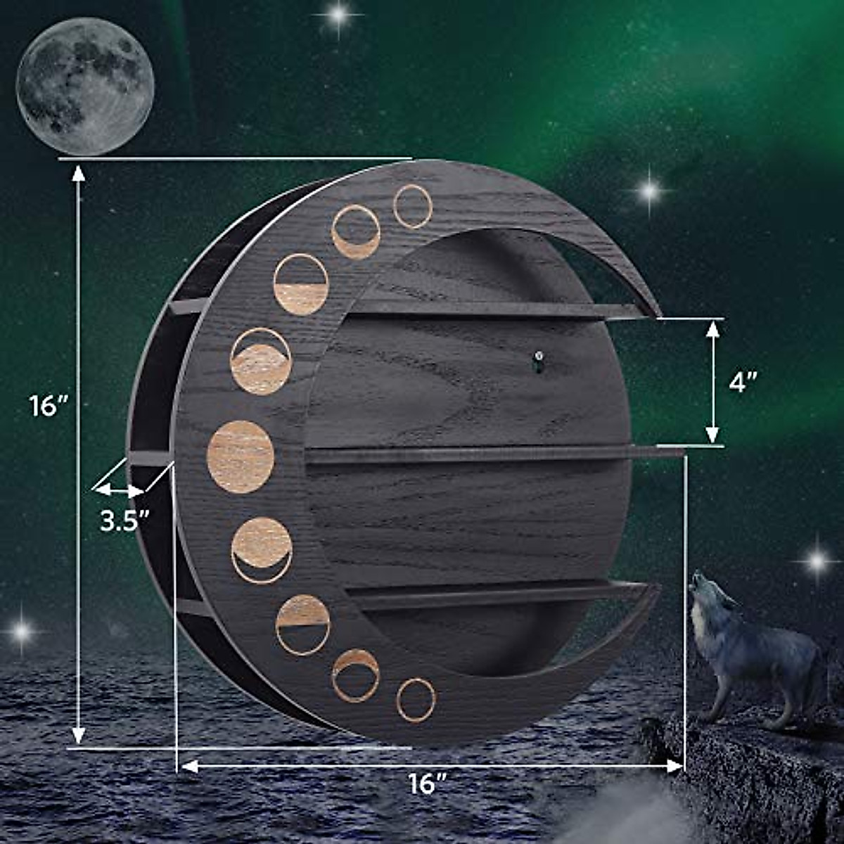 SSISSI Black Crescent Moon Shelf - Crystal Display Shelf - Nail Polish Rack, Crystal Holder & Essential Oil Organizer - Display Shelves For Collectibles - Moon Phase Wall Hanging 3 Tier Crystal Decor