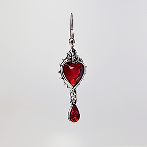 Valentines' Day Red Heart Romance Dangle Earrings Austrian Crystals Thorns and Roses Silver Finish