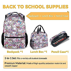 Personalized Unicorn Backpack with Lunch Box Set for Girls Boys, 3 in 1 Primary Middle School Backpacks Matching Combo, Large Capacity, Durable, Lightweight, Pink Bookbag and Pencil Case Bundle