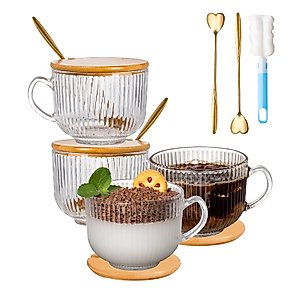 megarte Vintage Glass Coffee Mugs - 14 Oz Ribbed Mugs with Bamboo Lids and Golden Spoons Set Of 4 - Coffee Cups for Cappuccino, Latte, Cereal, Yogurt, Tea Christmas Thanksgiving Gifts