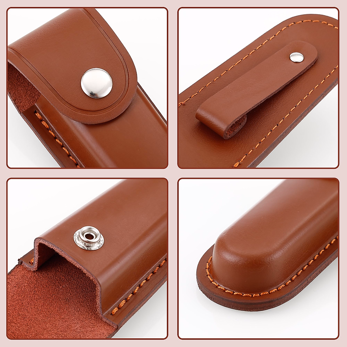 Pocket Knife Sheath, 5" Folding Pocket EDC Knife Case, Portable Pouch Knife Leather Holster with Snap Closure and Belt Loop, Accessory for Outdoor Climbing, Camping, Cycling and Hiking, Brown