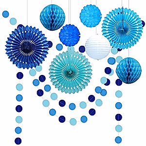 Decor365 Under The Sea Theme Blue Party Decorations Circle Garlands Paper Fan Flower Tissue Pom Poms Decoration Hanging Decor for Ocean Coastal Beach Baby Shower Boy Birthday Wedding Kids Room