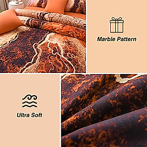 A Nice Night Marble Like Burning Mountain Printed Bedding Set,Retro Style Watercolor Artwork Design,Ultra Soft Comforter Set,7pcs Bed in a Bag,Queen,Orange