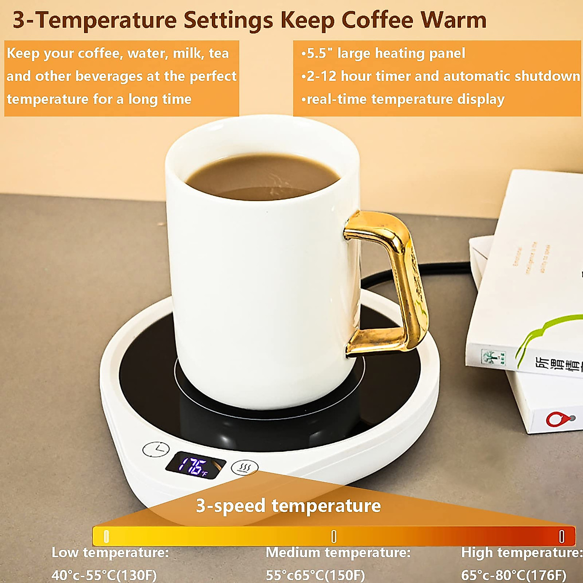 Coffee Mug Warmer, Coffee Warmer & Cup Warmer for Desk 2-12 Hrs Timer, 4H Auto Shut Off - Electric Cup Warmer with 3-Temperature Settings, Beverage Warmer for Office & Home Use (White)