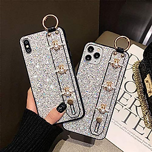 aowner Compatible with iPhone 12 Pro Max Bling Stand Holder Case Luxury Hand Strap Glitter Sparkle Diamond Bee Wrist Bracket for Woman Girls Protective Cover Case, 6.7 Inch, Silver