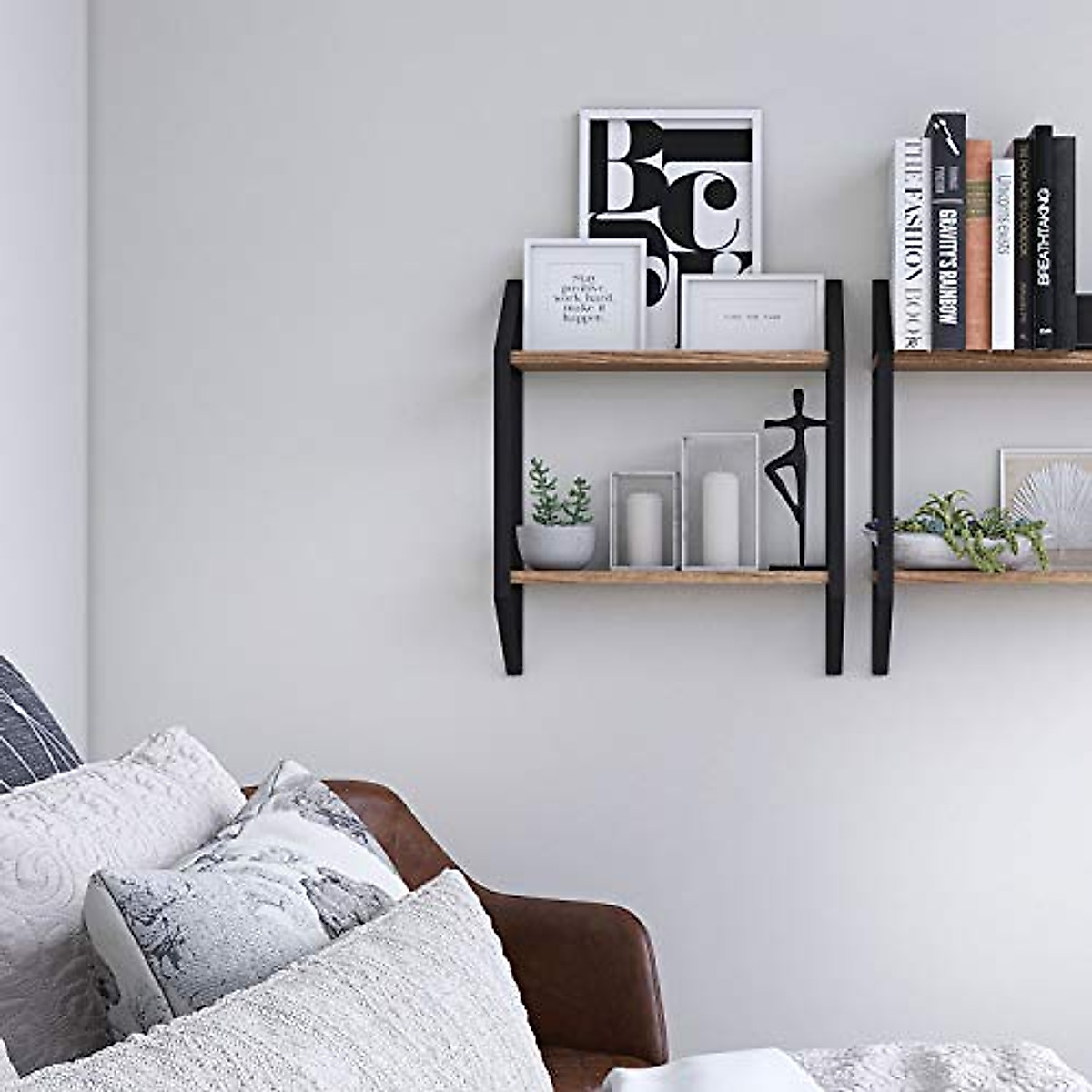 Wallniture Ponza 2-Tier Floating Shelf for Bathroom Organization and Storage Natural Burned Rustic Wood Wall Decor with Metal Brackets