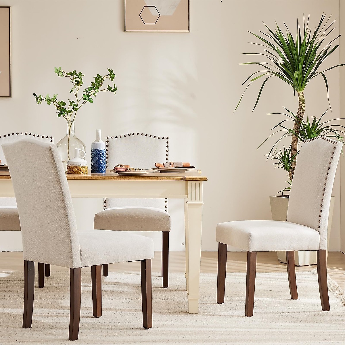 DUMOS Dining Chairs Set of 4, Fabric Dining Room Chairs, Upholstered Parsons Chairs with Nailhead Trim and Wood Legs, Kitchen Side Chair for Dining Living Room,Bedroom - Beige