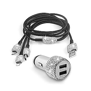 Sparkle Drive with Our Valentine's Day Special: Dual USB Bling Car Charger with Rhinestone Decor, Emergency Hammer & Nylon Braided Cable for iPhone, iPad, Samsung - Fast Charging Decor Gift for Women