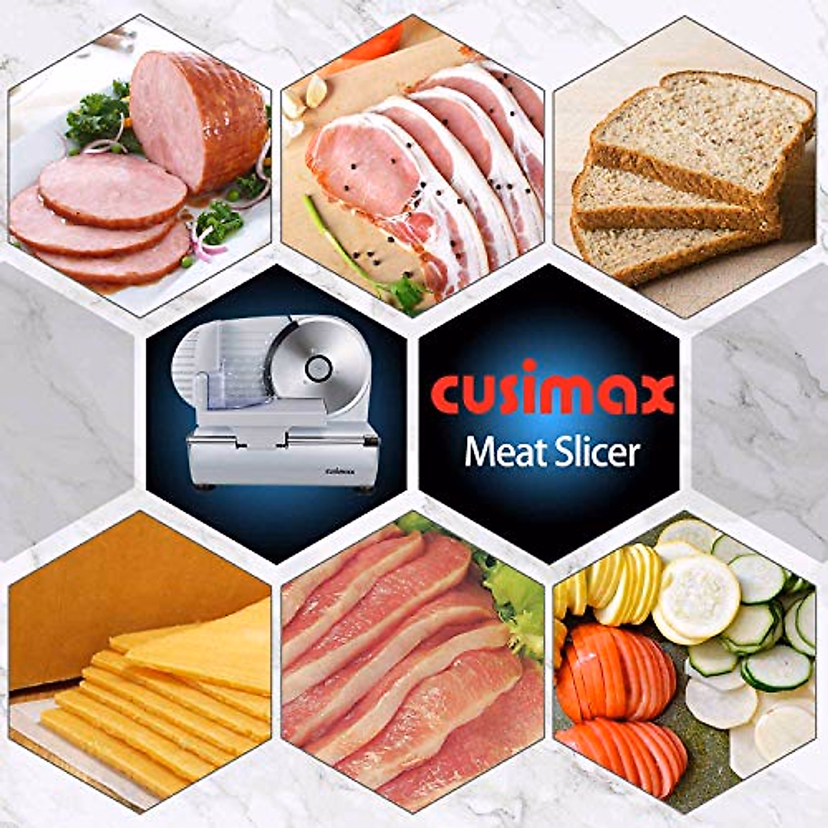 Meat Slicer, CUSIMAX Electric Deli Food Slicer with Two 7.5'Removable Stainless Steel Blades and Pusher, Cheese Fruit Vegetable Bread Cutter, Adjustable Knob for Thickness, Food Carriage