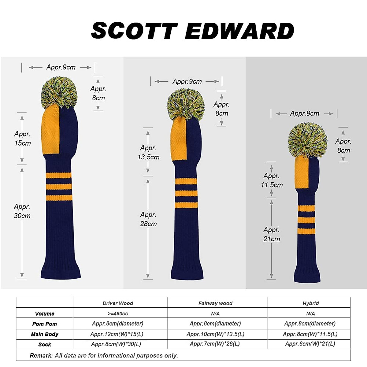 Scott Edward Golf Headcovers for Woods Set of 3 Fits Well Driver(460cc) Fairway Wood and Hybrid(UT) The Perfect Change for Golf Bag