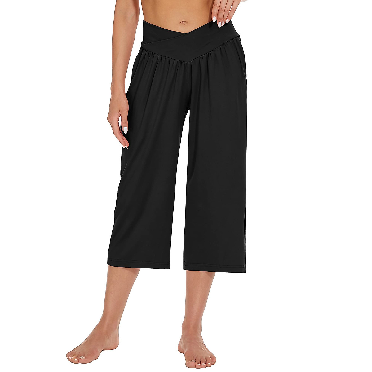 FAYLR Womens Wide Leg Capri Yoga Lounge Summer Loose Pullover Crossover High Waist Capri Pants with Pockets Black Large