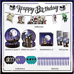 114pcs Nightmare Christmas Birthday Decorations Halloween Tableware Set Includes Happy Birthday Banner, 9 Inches Plates, 7 Inches Plates, Napkins, Cups, Fork, Balloons and Tablecloth for Serve 20