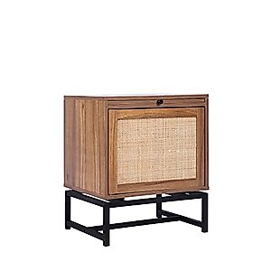 SeokIljin Natural Rattan Door Nightstand,with 1 Rattan Door Drawer,Rustic Bedside Table Cabinet Accent Table with Sturdy Metal Leg for Living Room,Bedroom