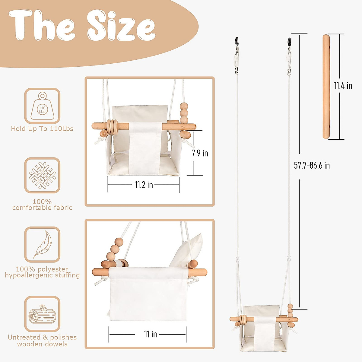 Tislly Baby Swing Outdoor Indoor Toddler Swing Seat with Safety Belt, Canvas Hanging Swings Outside Tree Swing Great Gift for Baby Boys Girls Kids Lovers