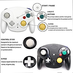 VTone Wireless Gamecube Controller, 2 Pieces 2.4G Wireless Classic Gamepad with Receiver Adapter for Wii Gamecube NGC GC (Black and White)