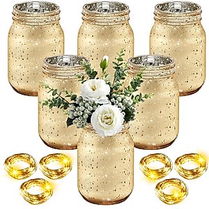 Layhit 6 Pcs Painted Mason Jars Colored Painted Mason Jars Decorative Mason Jars Centerpiece for Table Glass Decorative Jar with 6 Pcs 9.84 ft 30 LED Operated Fairy Lights for Wedding(Gold)
